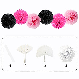 Black and Pink Birthday Party Decorations for Girls Women Happy Birthday Banner, Black Foil Fringe Curtain, Paper Pom Poms for girls Women Birthday Pink Black Party Supplies