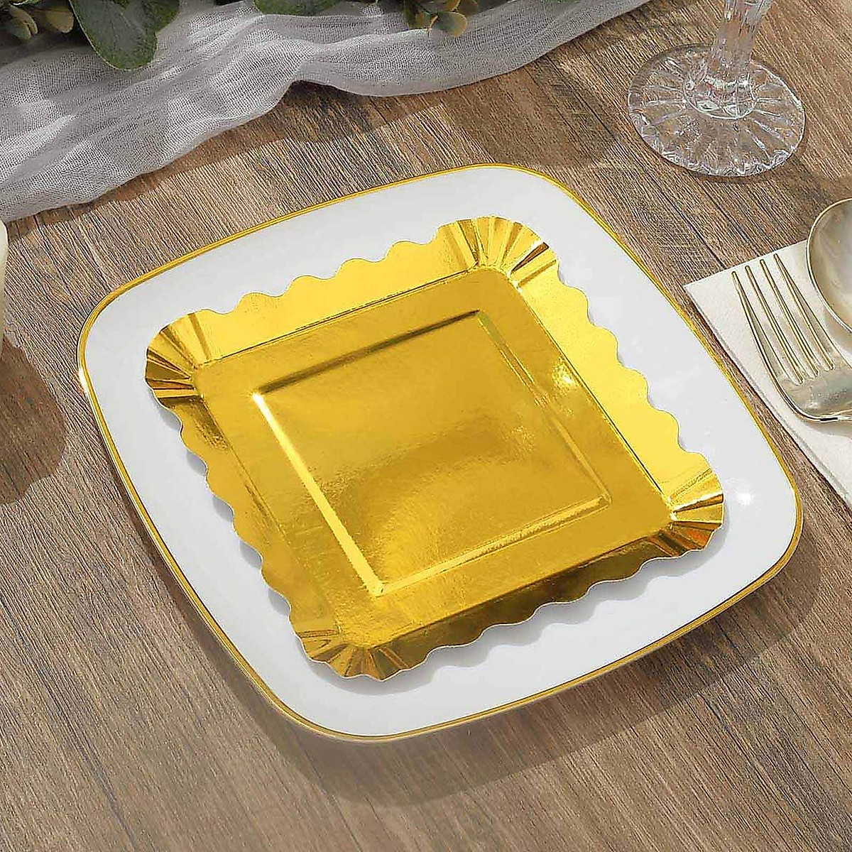 Efavormart 50 Pack | 5" Gold Foil Scalloped Rim Dessert Paper Plates, Disposable Square Appetizer Plates