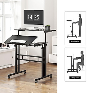 sogesfurniture Standing Desk,Laptop Workstation on Wheels, Adjustable Computer Desk for Standing or Sitting, Black