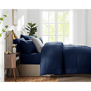 CozyLux Navy Blue Bed in a Bag - 7 Piece Comforter Set, Quilted Comforter (Queen), All Season, Flat & Fitted Sheets, Pillowcases