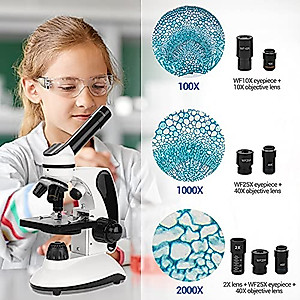 Microscope for Adults, 40~2000x Compound Monocular Microscope with Storage Bag, Slides, Phone Adapter-for School, Home Education, Science Lab