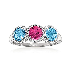 Ross-Simons 1.40 ct. t.w. Swiss Blue Topaz, 60 Carat Pink Tourmaline and .19 ct. t.w. Diamond Ring in 14kt White Gold. Size 7