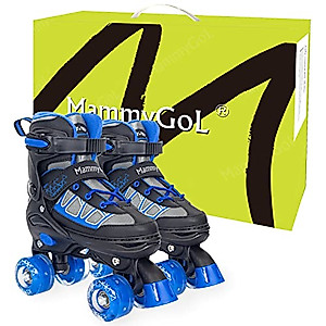 MammyGol Roller Skates for Kids Boys Girls, Adjustable Quad Skates with Light Up Wheels for Toddler Little Kids Ages 6-12 Size 1 2 3 4, Beginners Outdoor Sports, Blue