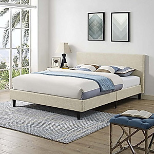 Modway Anya Upholstered Beige Platform Bed with Wood Slat Support in Queen