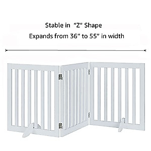 unipaws Freestanding Wooden Pet Gate for Dog and Cat, 24" H and 36" H Foldable Dog Gate with 2PCS Support Feet for Doorway, Halls, Stairs, White, Indoor Use