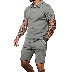 Babioboa Men's Tracksuit Polo Sirt and Shorts Set Solid Waffle Jersey Polo Short Suit Zip up 2 Piece Outfits(Grey,XXL)