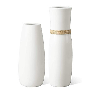 2Pcs White Ceramic Vases Decorative Vase Mantel Decorations Modern Farmhouse Decor, Flower Vase with differing Unique Rope Design for Shelf Decor Home Accents Décor Fireplace Decor Table decor