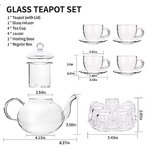Glass Teapot Set, 34OZ/1000ML Glass Tea Kettle with Loose Tea Infuser & Warmer, 5oz/150ML Tea Cup & Saucer Set of 4, Stovetop & Microwave Safe Tea Maker, Blooming Tea Gift Set For Women