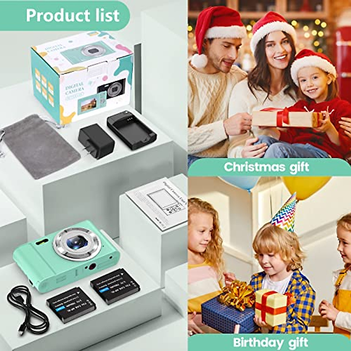 Digital Camera, HUMIDIER FHD 1080P 36MP 16X Digital Zoom Mini Vlogging Video Camera with Battery Charger, Compact Portable Cameras Point and Shoot Camera for Kids,Teens,Beginners (Green)