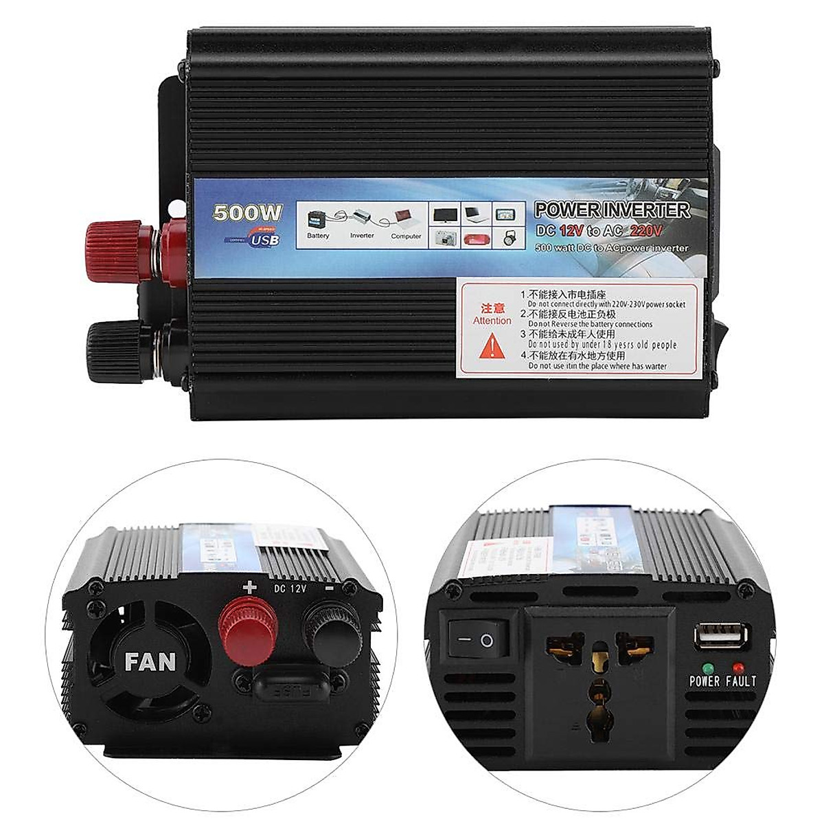 Solar Charger Inverter, All in One 500W Solar Panel Battery Intelligent Regulator Chargeing Controller for Household, Outdoor Trip Camping, Vehicle RV Truck Charging Black(12v Transform 220V / 500W)