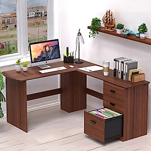 SHW L-Shaped Home Office Wood Corner Desk with 3 Drawers, Walnut