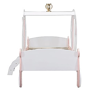 Twin Size Girls Bed Princess Bed, Little Girl Cute Bed with Headboard, Wooden Platform Bed for Children Bedroom, Pink