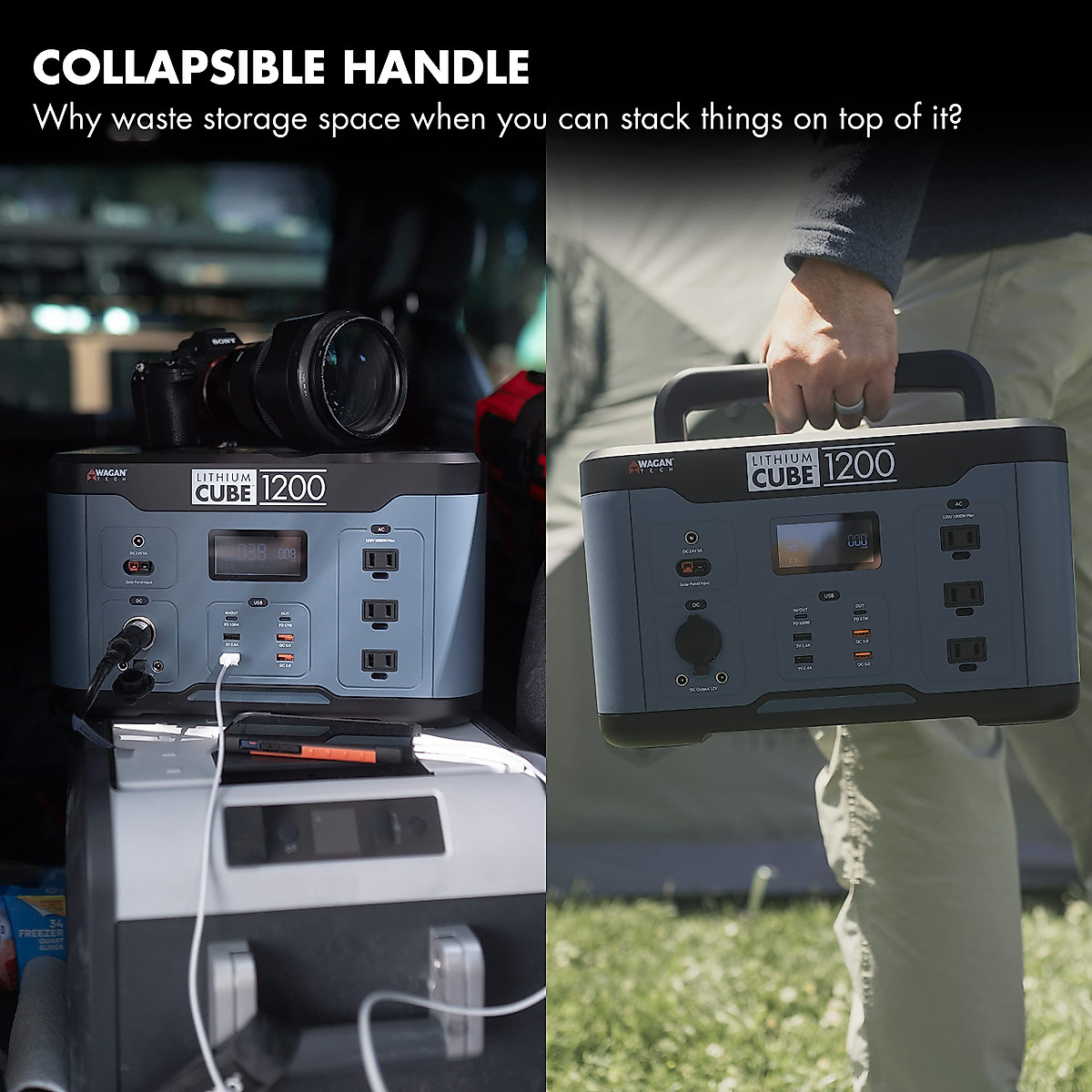 Wagan EL8836 Lithium Cube 1200 Portable Power Station 1166Wh Lithium Battery, 120V 1000W Pure Sine Wave, AC DC Outlet, USB Outlet, Solar Power Generator