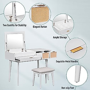 Aiuyesuo 43.3" Farmhouse Makeup Vanity Set with Flip-top Mirror and Stool, Vanity Desk with 3 Drawers and Storage Space, Wood Makeup Table Set with Vanity Stool for Bedroom Studio (White-1)