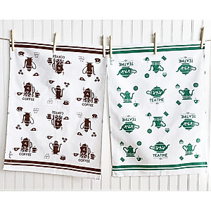 Whiffkitch Whiff Botanicals, Kitchen Towels 2pk, Printed, Cafe Themed,100% White Cotton, Machine Washable, 19"x27", Medium Weight, Design Coffee-Tea