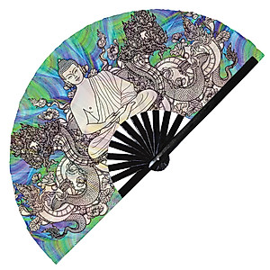 Buddha Hand Fan Foldable Bamboo Circuit Rave Hand Fans Buddhism Golden Buddha Head Statue Floral Lotus Mandala Artwork Fan Outfit Party Gear Gifts Music Festival Rave Accessories (Style 6)