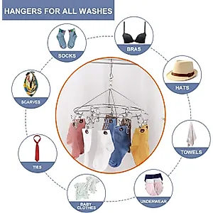 CenYouful 2 Pack Stainless Steel Round Hanging Drying Rack with 20 Clips for Drying Socks, Baby Clothes, Bras, Towel, Underwear, Hat, Scarf, Pants, Gloves