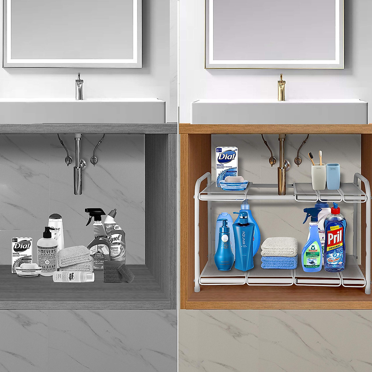 Simple Trending 2-Tier Under Sink Expandable Cabinet Shelf Organizer Rack with 8 Removable Panels for Kitchen Bathroom Storage, White