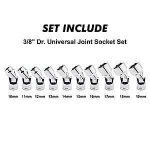CASOMAN 3/8" Drive Universal Joint Socket Set- 10 Piece Flex Socket Set, 6-Point, Cr-V, Metric, 10-19mm