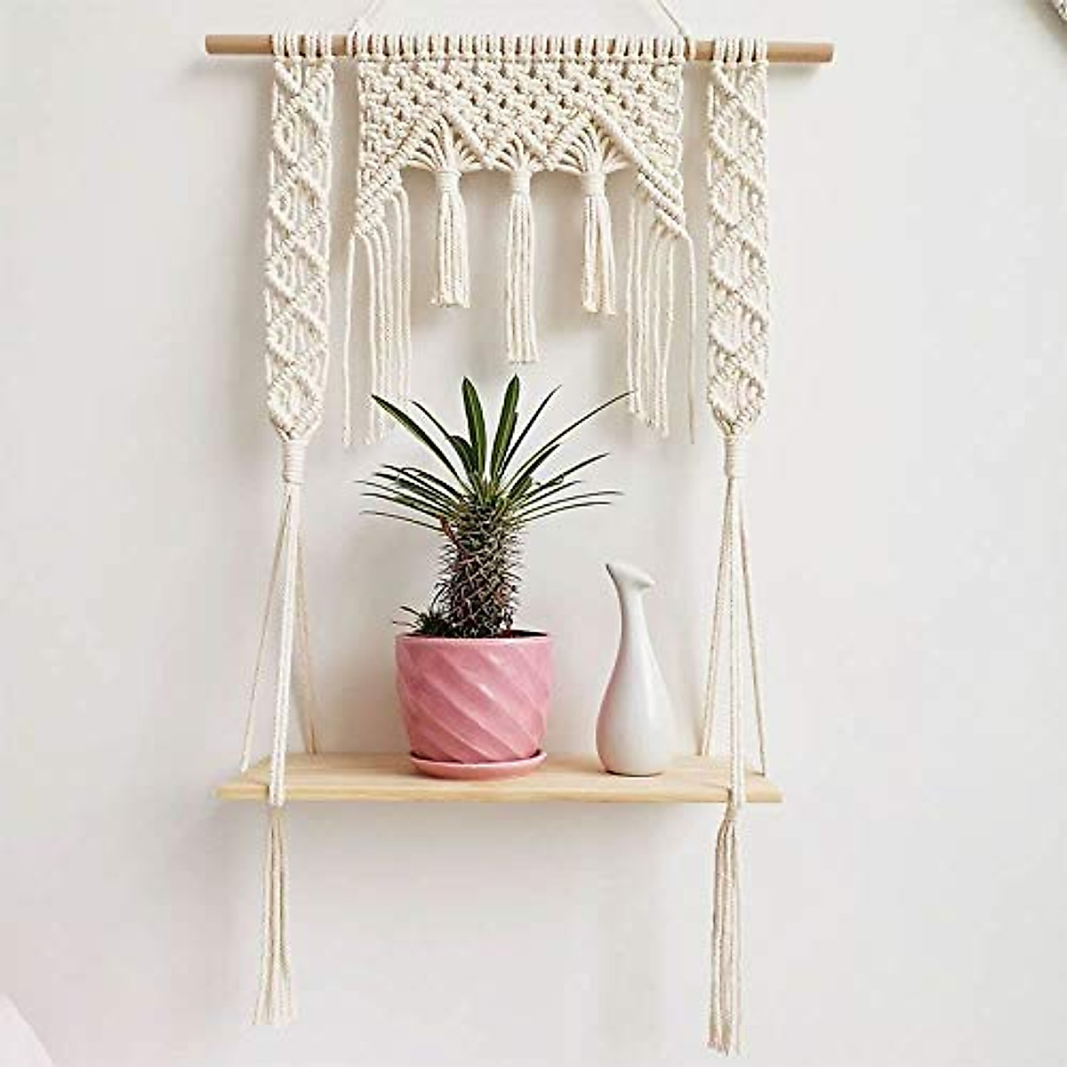 BLUETTEK Macrame Wall Hanging Shelf, Wood Floating Hanging Storage Shelf Organizer Hanger, Handmade Cotton Rope Bohomia Woven Home Wall Decor (Diamond)