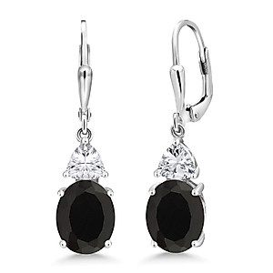 Gem Stone King 925 Sterling Silver Black Onyx and White Zirconia Dangle Earrings For Women (5.00 Cttw, Gemstone December Birthstone, Oval 10X8MM, Trillion 5MM)