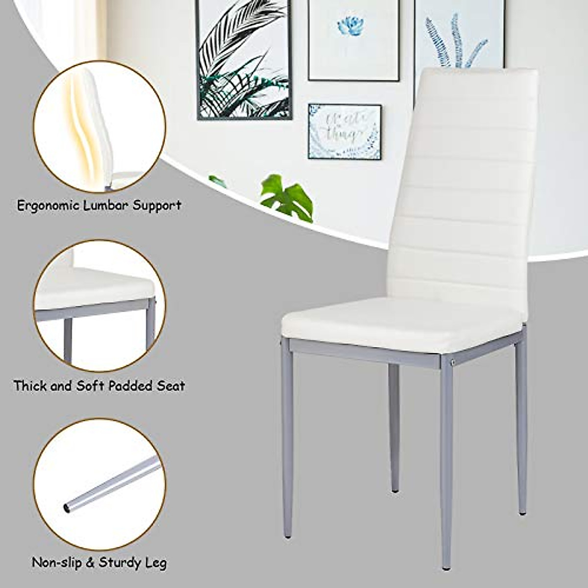 Giantex Set of 4 PU Leather Dining Side Chairs with Padded Seat Foot Cap Protection Stable Frame Heavy Duty High Back Design Dining Chairs for Kitchen Dining Room Home Furniture, White