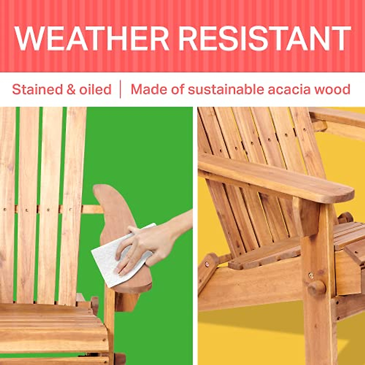 Plant Theatre Wooden Adirondack Chair - Weather Resistant, Acacia Wood, Foldable Fire Pit Chairs for Porch, Deck, Lawn and Campfire - Outdoor Patio Furniture
