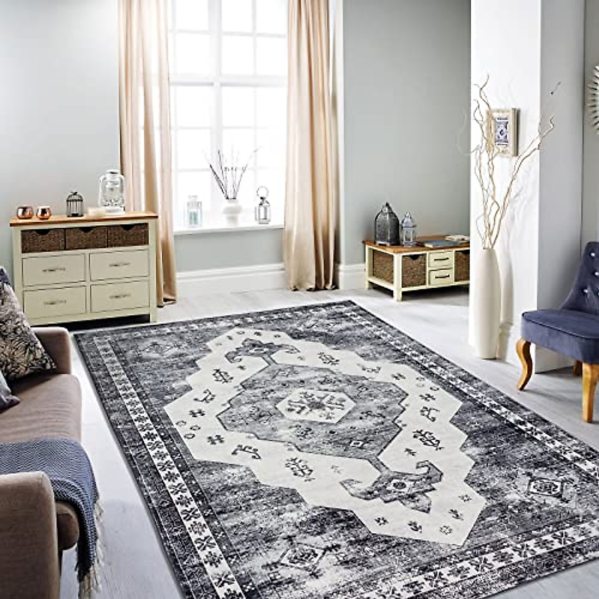 DECOMALL Emily 5x7 Rug, Traditional Persian Rug with Rubber Backing, Washable Area Rug for Living Room Bedroom Dining Room, Grey 5’x7’