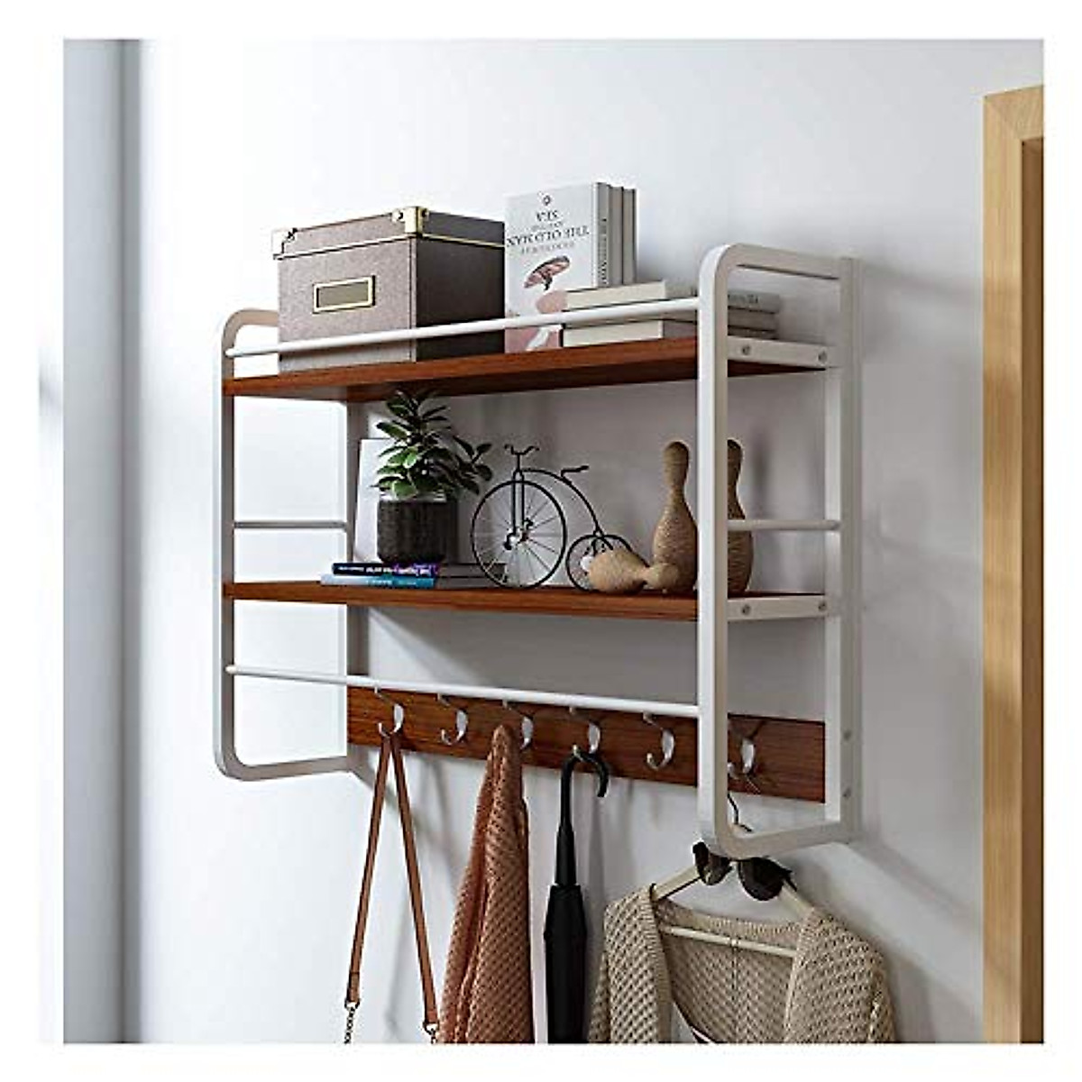 PIBM Stylish Simplicity Shelf Wall Mounted Floating Rack Shelves Iron Art Coat Rack Storage Kitchen Bathroom Doorway Hook Up,6 Colors,2 Layer, c , 60x22x64cm