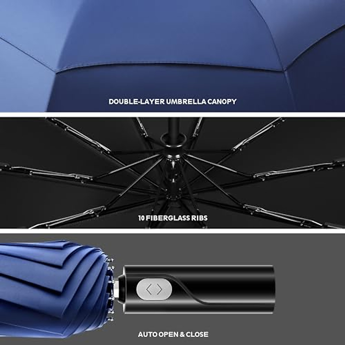 Umbrella Windproof Travel Umbrella,10-Ribs Wind Resistant Folding Umbrella,Lightweight, Compact, Portable, Automatic Umbrella,Anti-UV, Sun&Rain, Waterproof Umbrella,Backpack, Navy Blue, 42 Inch