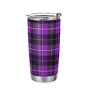 20oz Tumbler Bottle with Lid and Straw Purple Black Tartan Plaid Insulated Coffee Ice Cup Vacuum Stainless Steel Shaker Bottle Travel Mug Water Cup Gifts