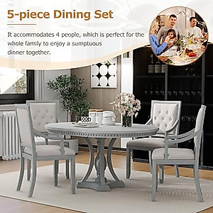 UBGO 5-Piece, Kitchen Room Sets with Wooden Round Extendable Table and 4 Upholstered Dining Chairs-Antique Gray