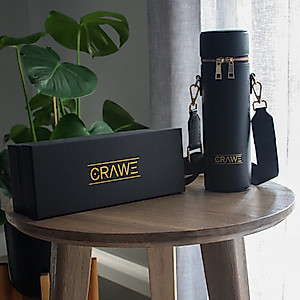 Crawe Full Grain Leather Insulated Water Bottle Crossbody Bag, 40 oz Water Bottle Holder with Strap for Walking, Bottle Carrier, Bottle Sling, Single Wine Bottle Tote, Brown Pebbled Leather, Gift Box