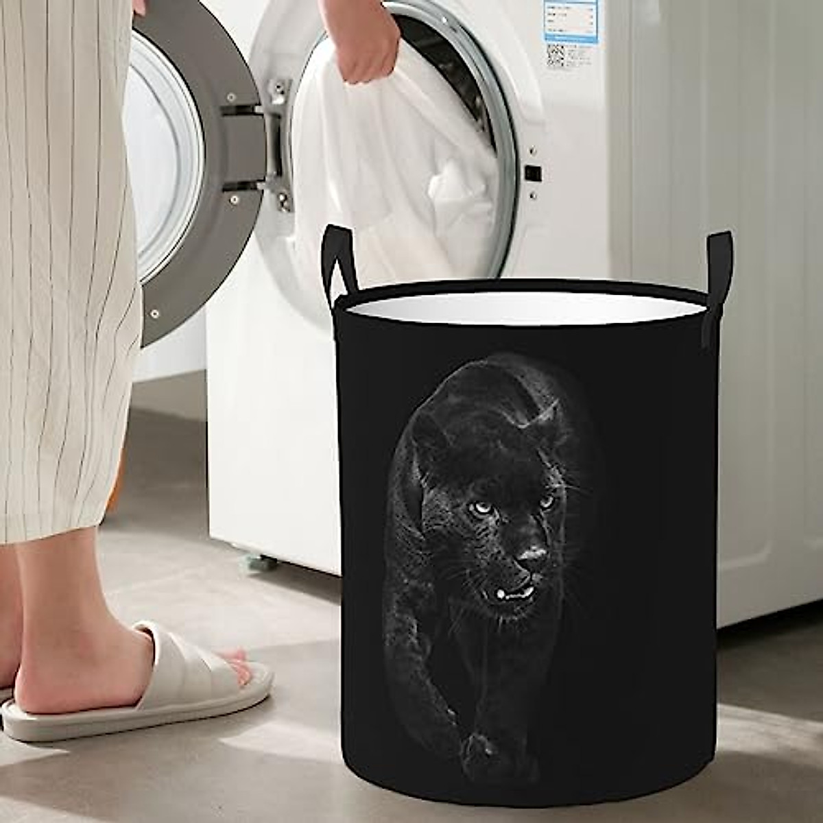 Animal Panther Printed Round Laundry Hamper,Collapsible Clothes Hamper Storage With Handle,Canvas Fabric Waterproof Storage Bin