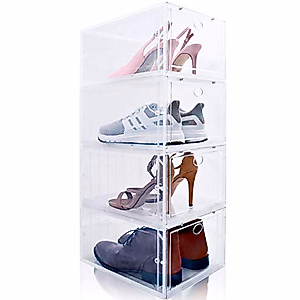 Drop Front Shoe Box, Set of 4, Stackable, for Men and Women - Clear, Plastic Shoes Storage Boxes for Sneaker, Heel, Sandal - space-saving closet organizer Shoe Container for shoe box organization
