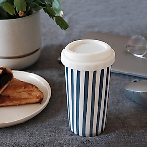 GIROFLIER Millie Ceramic Travel Mug, 12 oz, Blue, Reusable Coffee Cup with Lid, Microwave and Dishwasher Safe