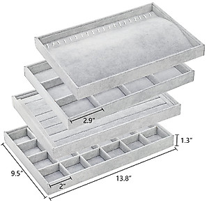 Elsjoy Set of 4 Velvet Jewelry Tray, Large Jewelry Organizer Tray Gray Jewelry Storage Display Tray, Stackable Drawer Insert Jewelry Trays for Earring, Necklace, Bracelet, Ring