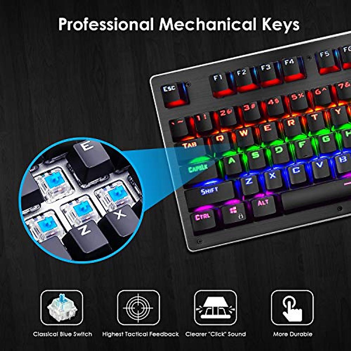 Wireless Gaming Keyboard and Mouse Combo with 104 Key Rainbow LED Backlight Rechargeable 4600mAh Battery Mechanical Keyboard Anti-ghosting Ergonomic RGB Mute Mice for Computer PC Gamer (Blue Switch)