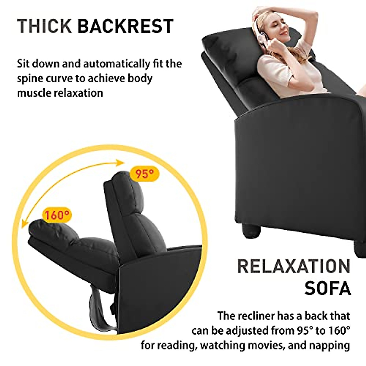 Vnewone Recliner Chair for Living Room Lounge Chaise Wingback Single Sofa Modern Home Theater Seating, Adjustable Height, Faux Leather, Black