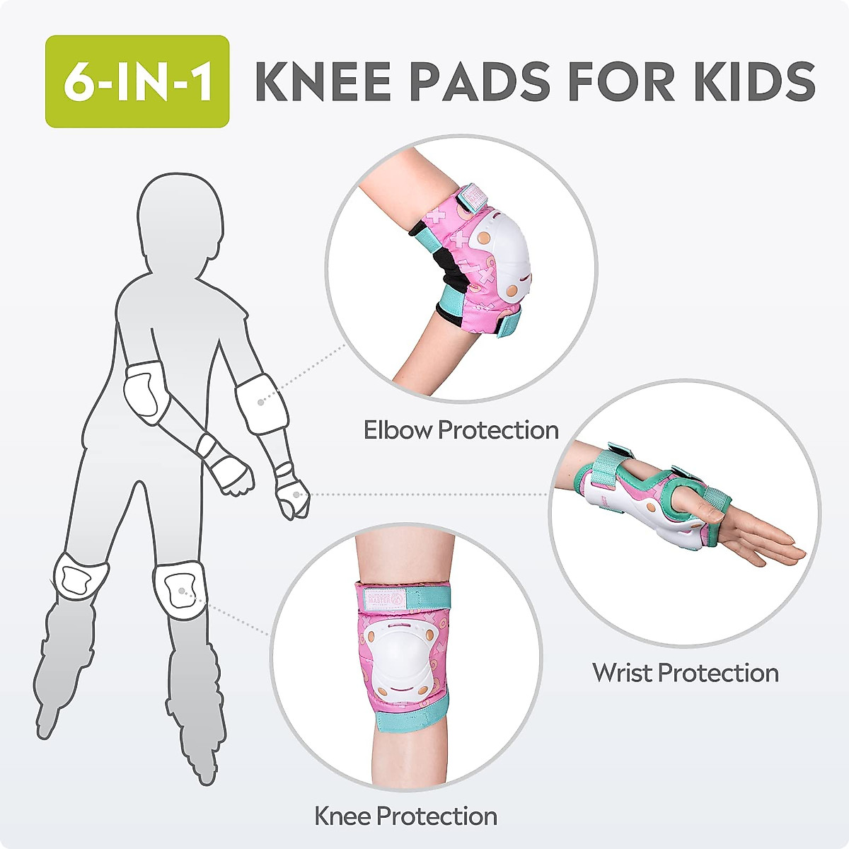 OutdoorMaster Knee Pads For Kids/Youth Elbows Pads Wrist Guards 3 In 1 Protective Gear Set for Multi Sports Skateboarding Inline Roller Skating Cycling Biking BMX Bicycle Scooter - Unicorn Tail - M
