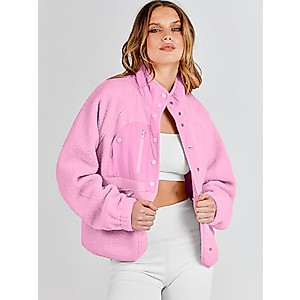 ANRABESS Womens Fuzzy Fleece Jacket Fall Casual Long Sleeve Cropped Sherpa Button Down Shacket Coats Outwear With Pockets Pink Large