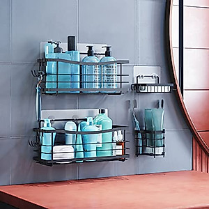 Virgorack Stainless Steel Adhesive Shower Caddy, Bathroom Basket Shelf with Soap and Toothbrush Holder, Wall Mounted No Drilling Storage Organizer Racks with Hooks (Black 4 Pack)