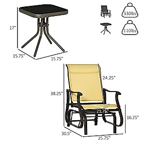 Outsunny 3-Piece Outdoor Gliders Set Bistro Set with Steel Frame, Tempered Glass Top Table for Patio, Garden, Backyard, Lawn, Yellow