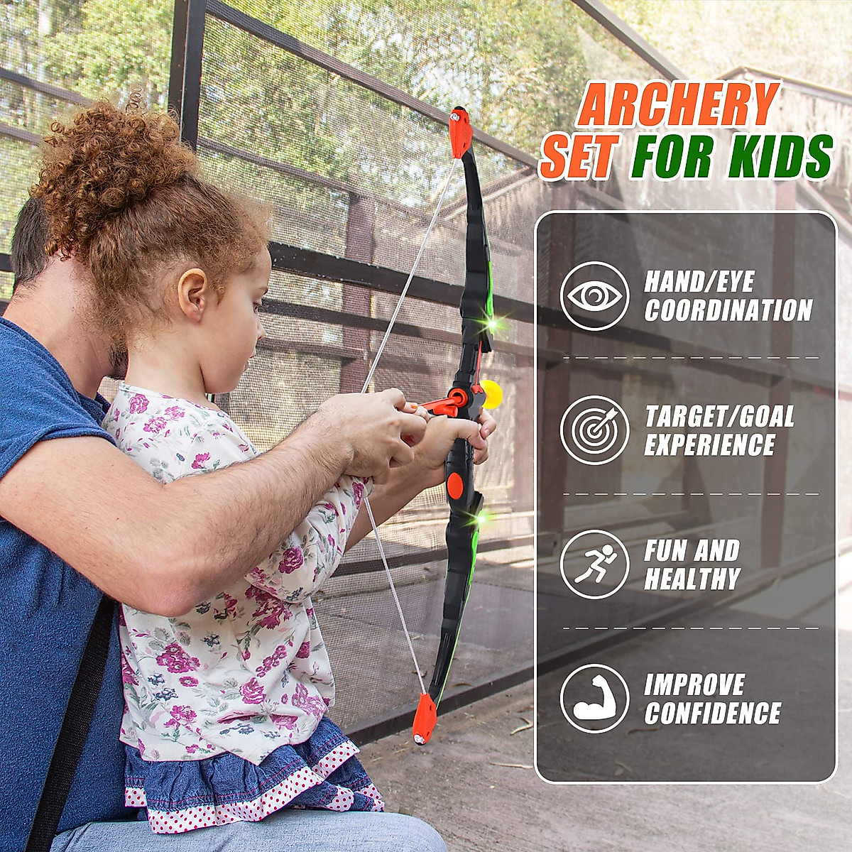 Bow and Arrow for Kids with LED Lights - Kids Archery Set includes 1 Bow, 10 Suction Cups Arrows, 2 Targets and Quiver, Play Indoor and Outdoor for Boys Girls Aged 3 4 5 6 7 8-12 Years
