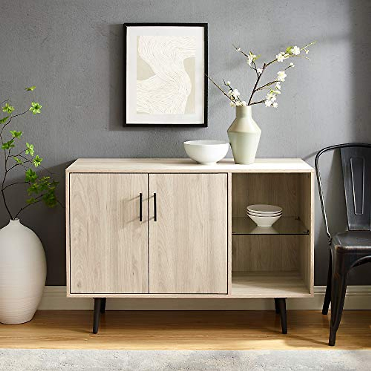 Walker Edison Theo Mid Century Modern 2 Door Asymmetrical Glass Shelf Buffet, 44 Inch, Birch