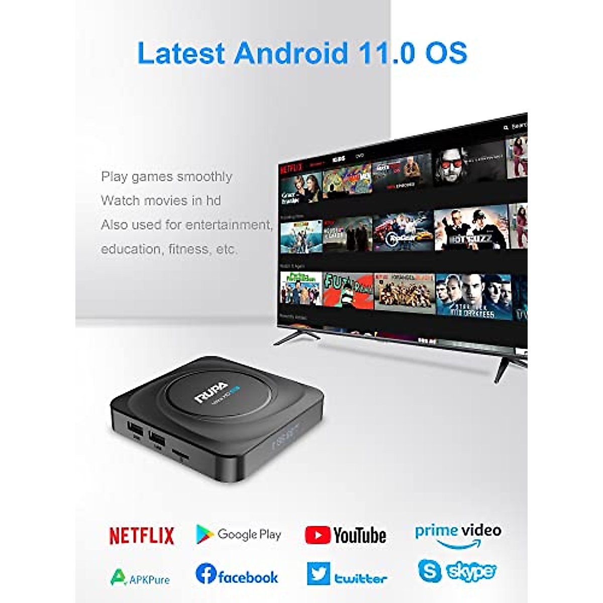 Android TV Box 11, 4GB RAM 32GB ROM Smart TV Box RK3566 4-Core 64bit Cortex-A55 CPU Support 4K 8K Output Dual-WiFi 2.4G/5.8GHz Bluetooth 4.0 USB 3.0 with Wireless Mini Keyboard