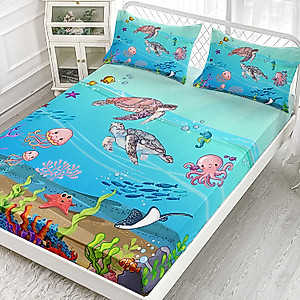 XYNHML Sea Turtle Fitted Sheet Tropical Fish Marine Life Bed Set Reptile Sea Animals Wildlife Bed Cover for Teens Adult Includes 1 Fitted Sheet,2 Pillowcases