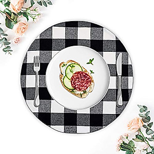 Senneny Round Placemats Set of 6 - Black and White Buffalo Plaid Placemats - Reversible Cotton and Burlap Placemats for Round Tables - Farmhouse Placemats for Dining Table