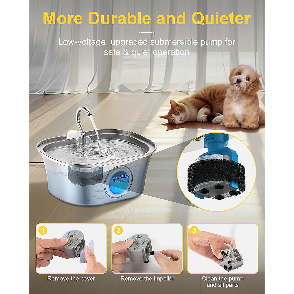 Stainless Steel Cat Water Fountain, 108oz/3.2L Automatic Pet Fountain Dog Water Dispenser & Pet Water Bowl Cat Drinking Water Fountain with Ultra-Quiet Pump for Cat Feeding & Watering Supplies