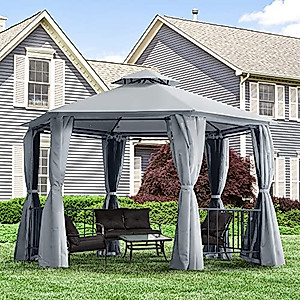 Outsunny 13' x 13' Patio Gazebo, Double Roof Hexagon Outdoor Gazebo Canopy Shelter w/with Netting & Curtains, Solid Steel Frame for Garden, Lawn, Backyard and Deck, Grey